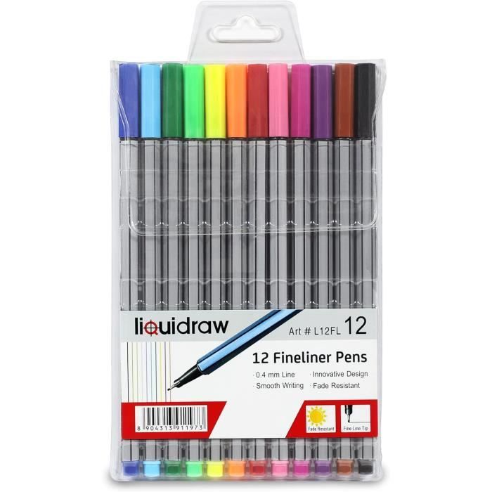 Lot de 12 feutres fineliner à pointe fine 0,4 mm, couleurs assorties ...