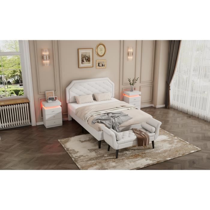 Lit rembourré table de chevet tabouret de lit, bandes lumineuses 16 ...