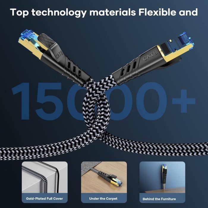 Cat 8 Câble Ethernet, 3M Cat 8 Rj45 Cable Super Débit Réseau Lan Patch 40Gbps 2000Mhz Plat Nylon ...