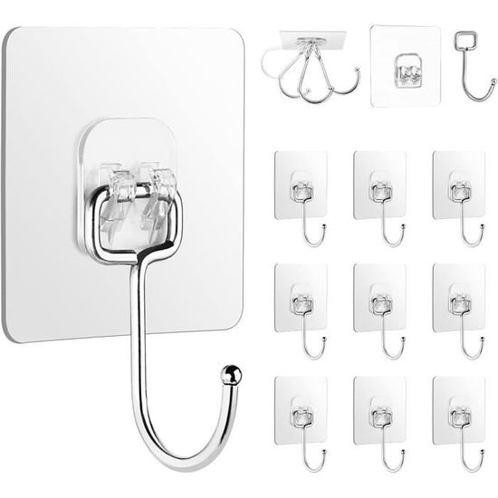 10 Pièces Crochet Adhésif Transparent, 30 Kg (Max), Accroche Murale ...