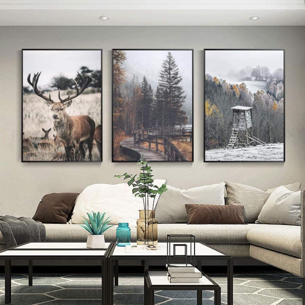 3 Pièces Nordique Paysage Toile Affiche Mur Forêt Cerf Impression ...
