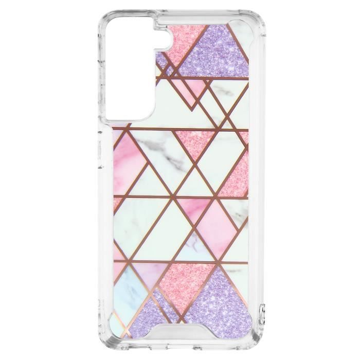 Coque Marbre Samsung Galaxy S21 Hybride Coins Renforcés blanc, rose et ...