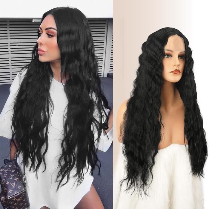 Perruque Longue Noir Bouclé Ondulée Pour Femmes, Perruque Ondulée ...