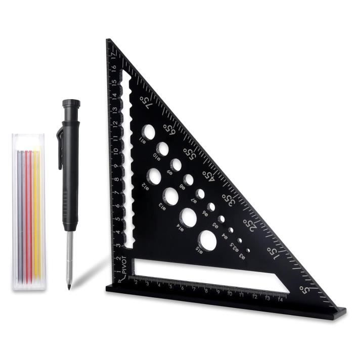 5 en 1 Equerre Menuisier, Equerre Charpentier Professionnel 180 mm + Crayon Chantier, Trusquin ...