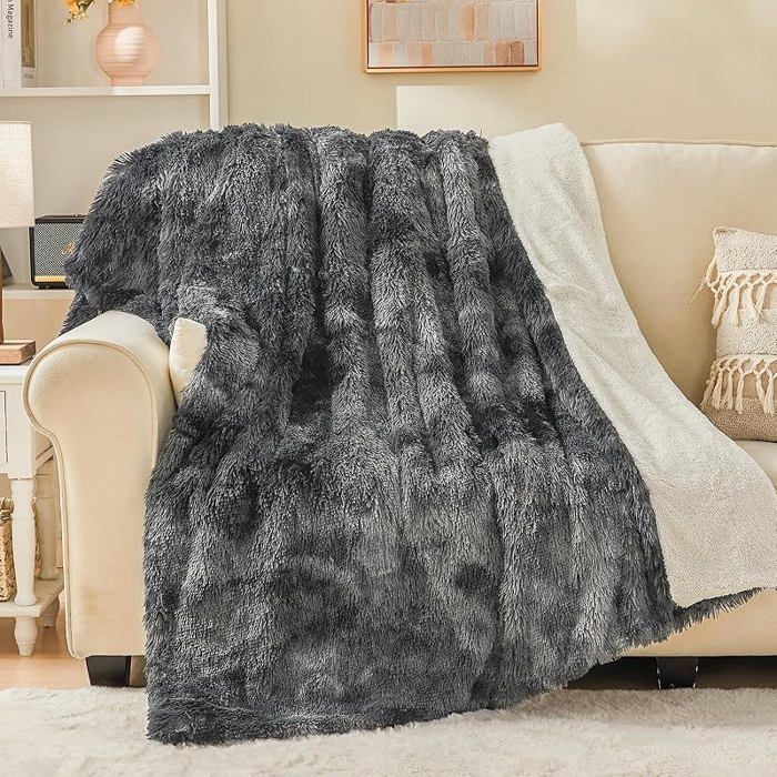 Couverture en fausse fourrure moelleuse, 220 x 240 cm, tie-dye gris ...
