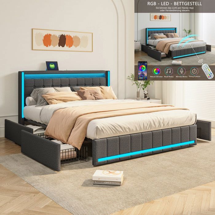 Lit 160x200 cm avec LED et ports USB Type C, lit Queen 160x200 cm avec ...