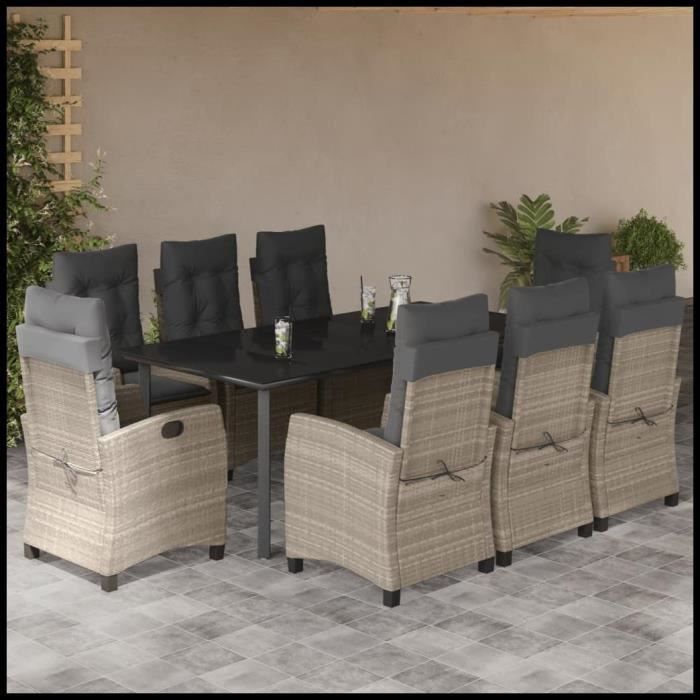 DXBK Ensemble à manger de jardin et coussins 9 pcs gris clair rotin ...
