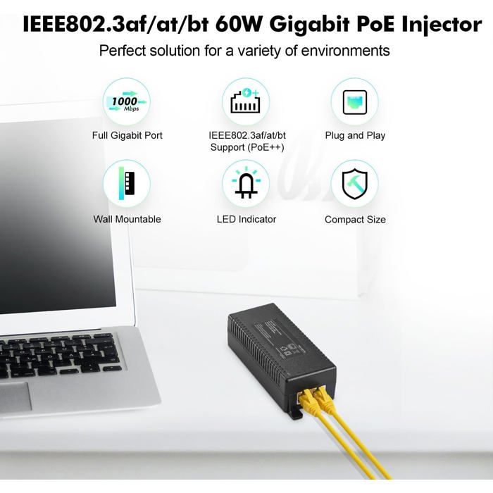 YuLinca Gigabit PoE+ Injector 60W, 802.3af/at/BT Power Over Ethernet ...