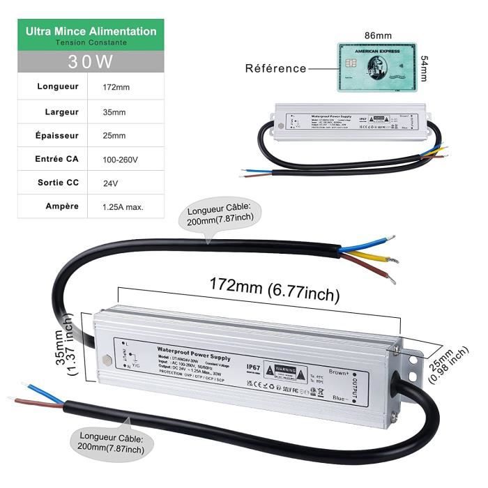 Étanche IP67 Transformateur LED 24V 30W, 1,25A Alimentation LED 230V AC ...