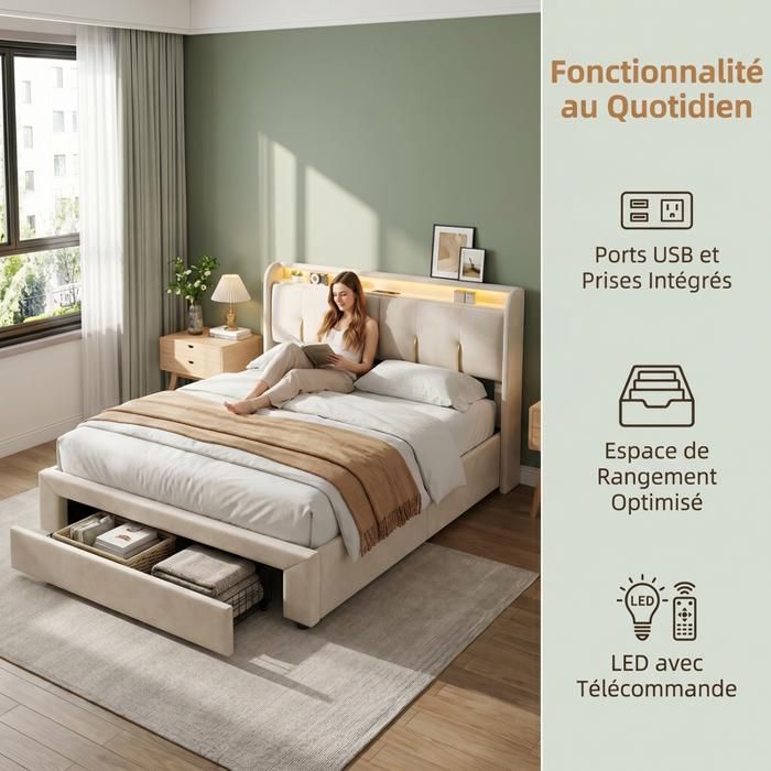 Lit Coffre 140x200 cm avec LED Intégrée et USB, Lit Hydraulique Tiroirs ...