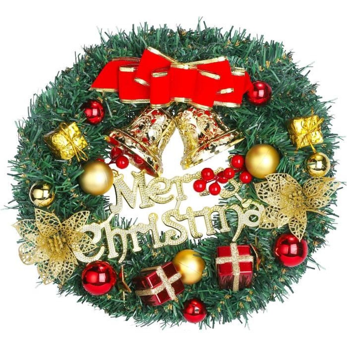 Коледен венец, изкуствена ела, глобуси, панделка, камбанки, Весела ...