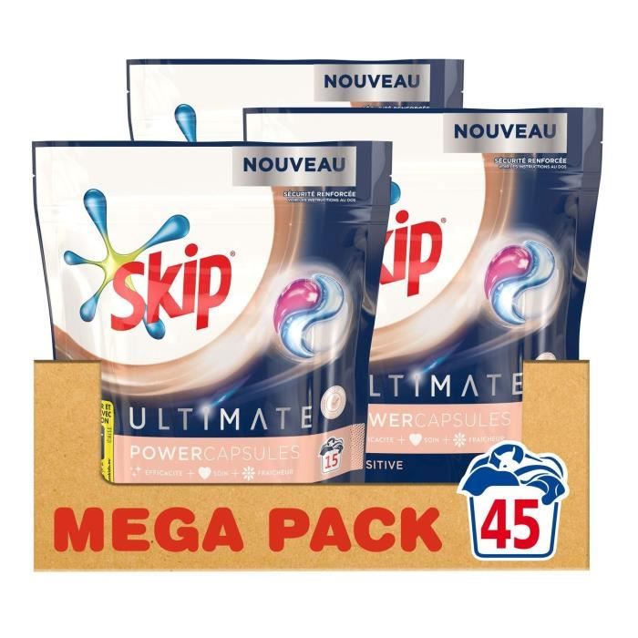 SKIP Lessive Capsules Trio Ultimate Sensitive Peaux Sensibles et Bébés ...