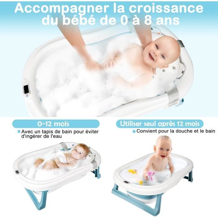 Grand Baignoire Pliable Bébé avec Thermomètre à eau, Coussin, Rince ...