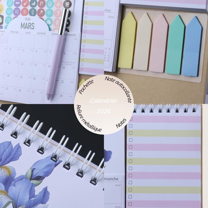 Calendrier de bureau 2026 mensuel planificateur avec jours fériés ...