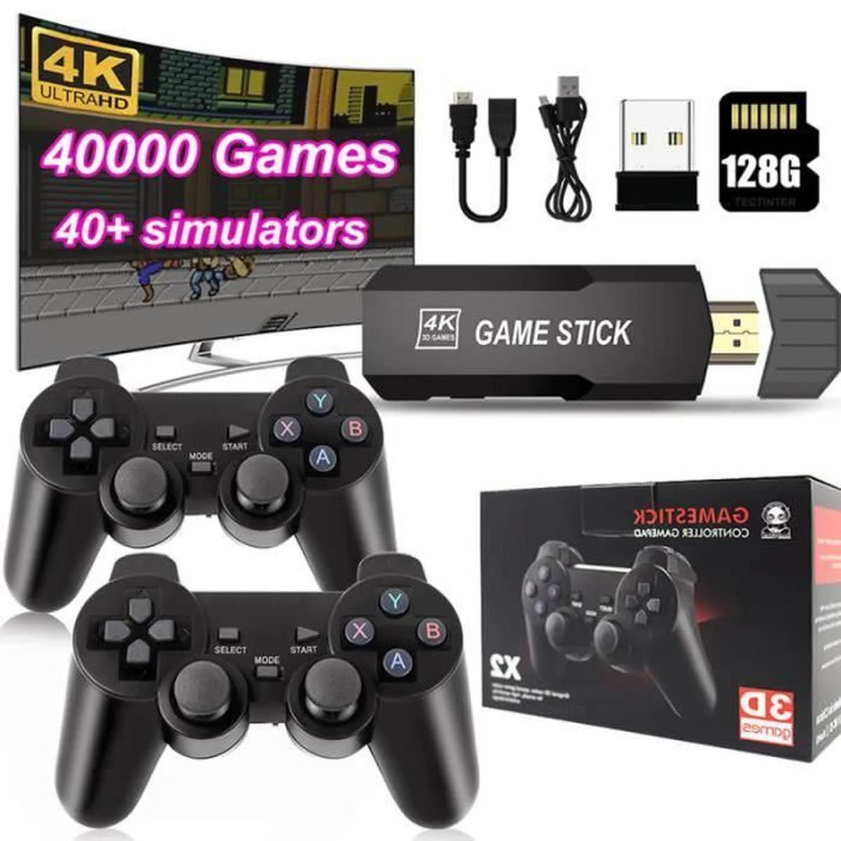 Console de jeu vidéo rétro 128G avec Double manette 2.4G sans fil,4K HD ...
