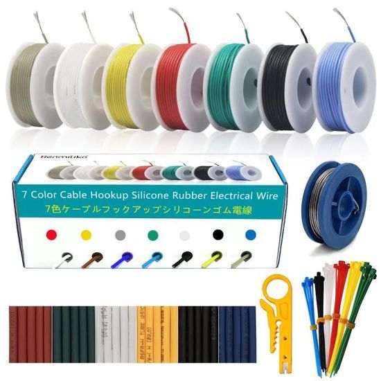 Câble électrique de calibre 22 AWG,7 couleurs,Fil de silicone flexible,Kit de câblage électrique ...
