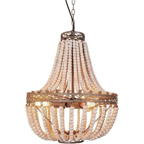 3 Lumières Bohème Boho Perles De Bois Naturel Plafonnier E27 Loft ...