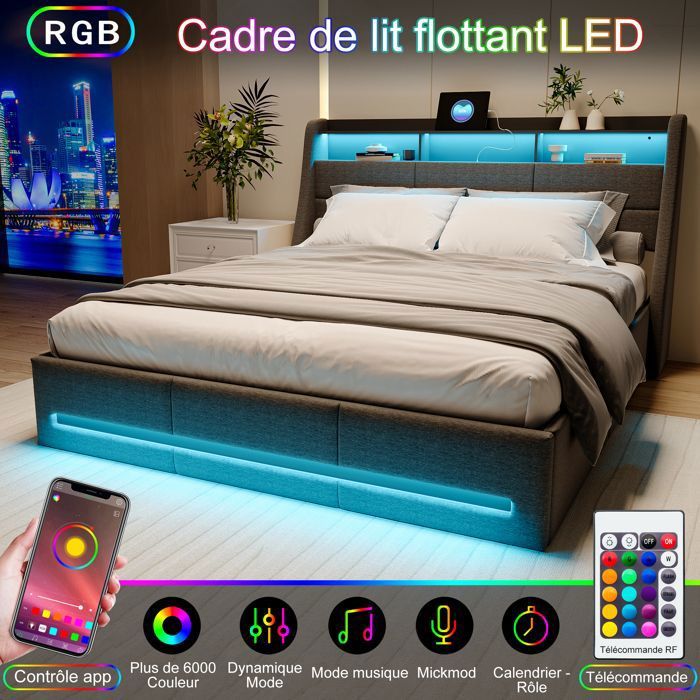 Lit Coffre Double 140x190 cm Tissu Effet Lin Gris LED Sommier à Lattes ...