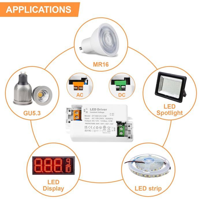 Transformateur 220V 12V LED 12W, alimentation 12v 12w 1A, led driver ...