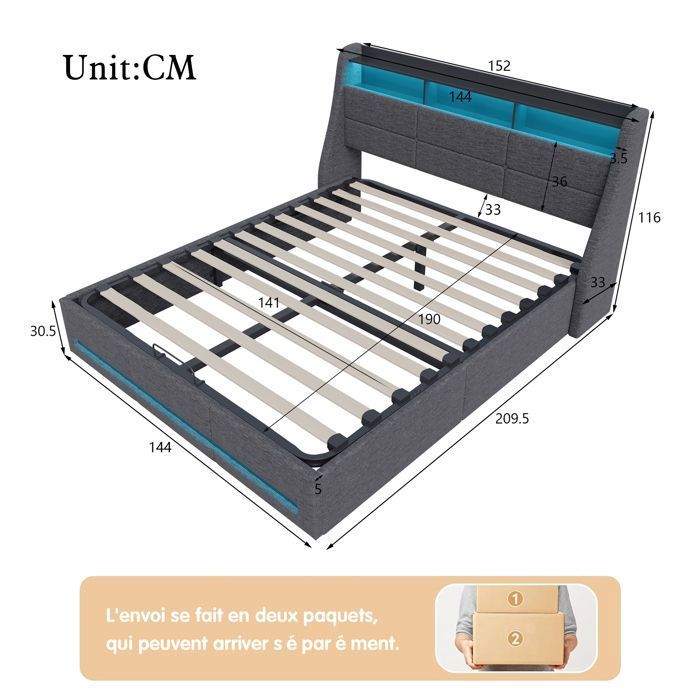 Lit Coffre Double 140x190 cm Tissu Effet Lin Gris LED Sommier à Lattes ...