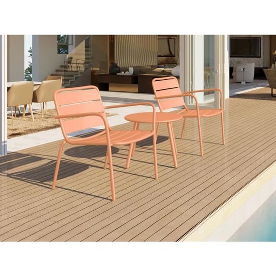 Salon de jardin en métal - 2 fauteuils bas empilables et une table d'appoint ronde - Orange ...