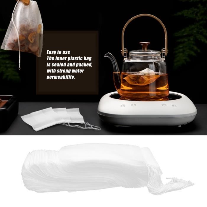 Lot de 100 sachets de filtre à thé jetables en coton avec cordon de serrage pour sachets de thé ...