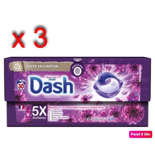 LOT DE 3 LESSIVES Dash 5 actions Pods Capsules Bouquet Floral soit 90 ...