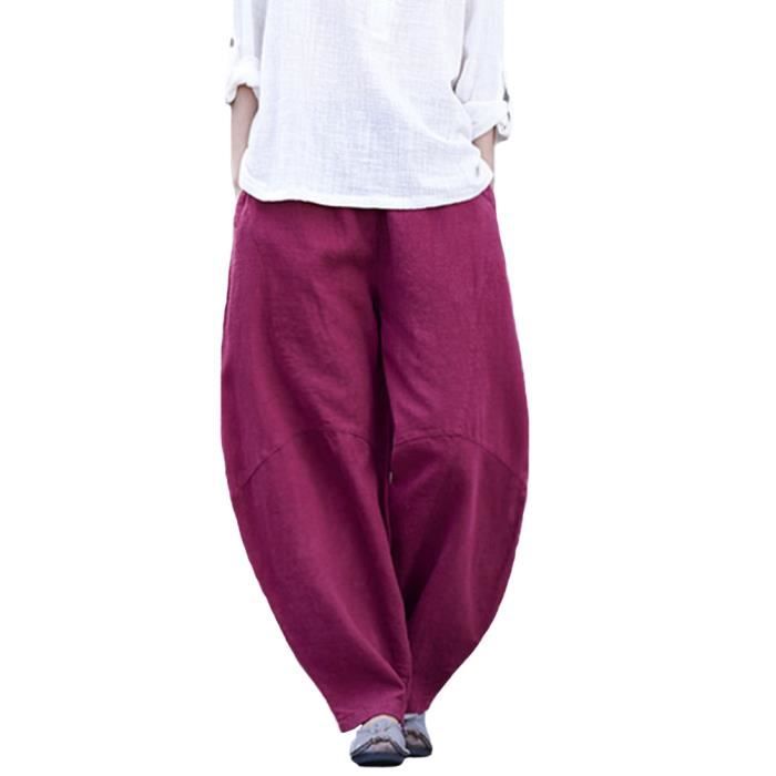 Pantalon Large Lin et Coton Femme Décontracté Pantalon Bouffant Été Fluide Pantalon Léger Taille ...