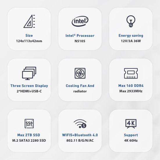 Beelink U59 Pro Mini PC 16 Go DDR4 RAM 500 Go SSD, Intel 11. Gen 4 Cores N5105 Prozessor Windows ...
