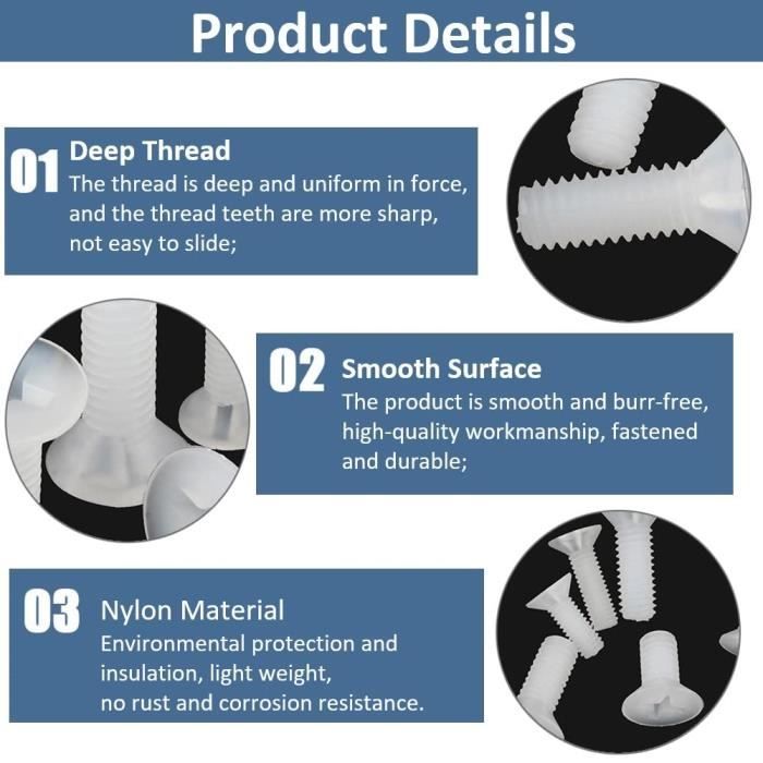 Vis En Plastique, Vis À Tête Fraisée Croisé En Nylon, Blanc, M8*20 Mm,30 Pcs[n15077] - Cdiscount ...