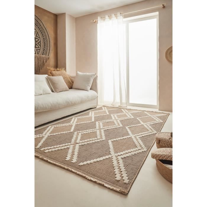 Tapis intérieur extérieur aspect jute à motif losange - NAZAR RUGS - 200x290 cm - Nature ...