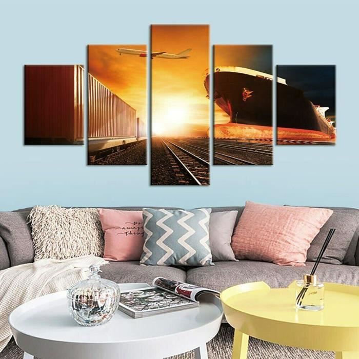 Acv-12689 5 panneaux de Transport Train piste navire toile image murale ...