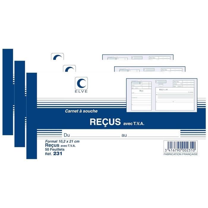 Carnet à souche reçu avec TVA - ELVE - Lot de 3 - 10,5 x 21 cm - 50 ...