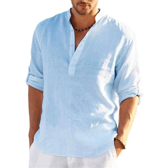 Chemise,Polos décontractés pour hommes,chemise en coton et lin ...