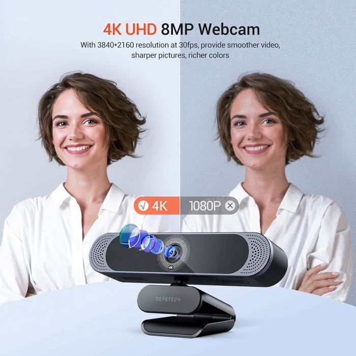 DEPSTECH Webcam 4K, DW49 Autofocus Caméra Web HD avec 1/3'' Sensor, Double Micro Antibruit ...
