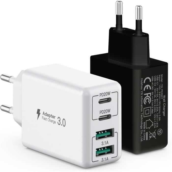 [2 Pièces] Chargeur Usb C 40W,Bloc Chargeur 4 Ports,Bloc De Charge Rapide Double Port Pd+Qc ...