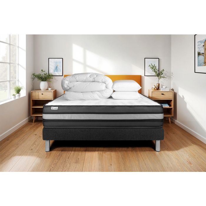 Pack lit complet 180x200 cm - Matelas + Sommier Noir (en kit) + 2 ...