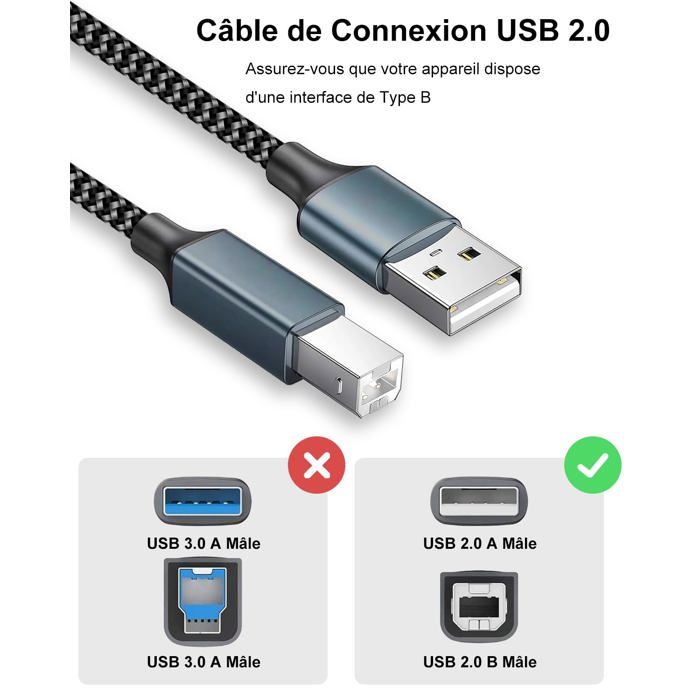 Câble imprimante USB-A vers USB-B - HOLISANE - 5m - Transfert de ...