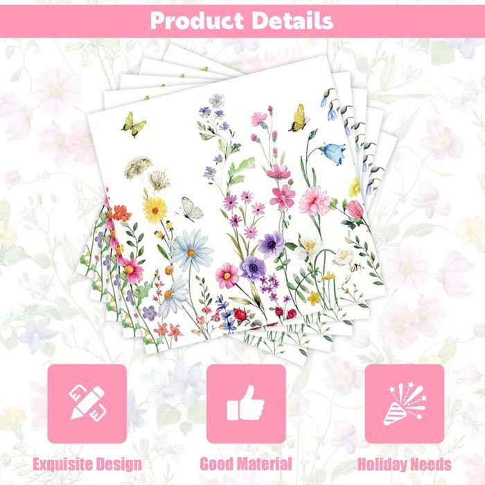Serviettes en papier fleuries jetables, 20 pcs 17 x 17 cm, motif fleurs ...