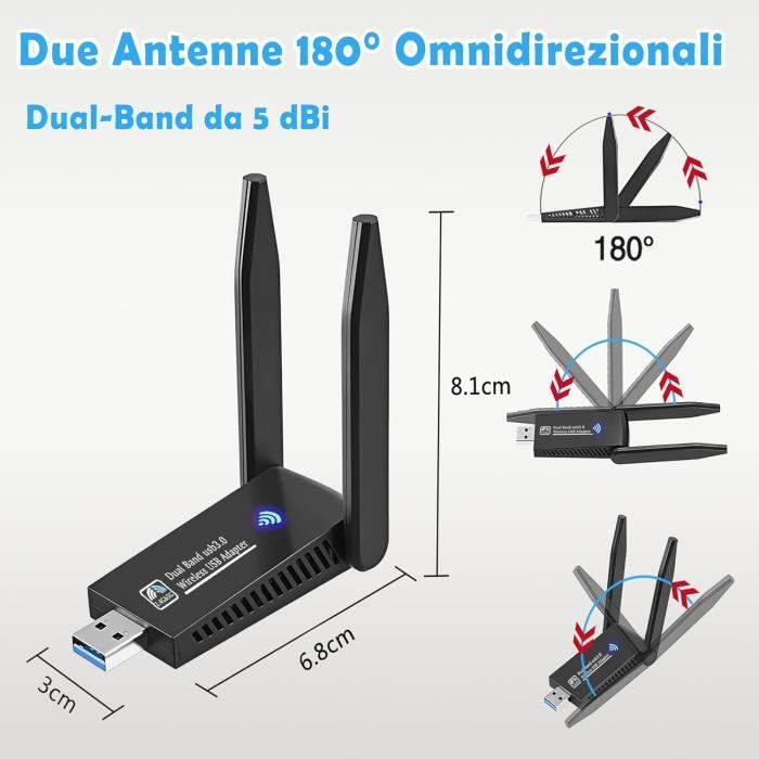 1300Mbps Dual Band Clé Wifi USB pour PC, 5Ghz 2.4Ghz 5dbi Haut Gain 2 ...