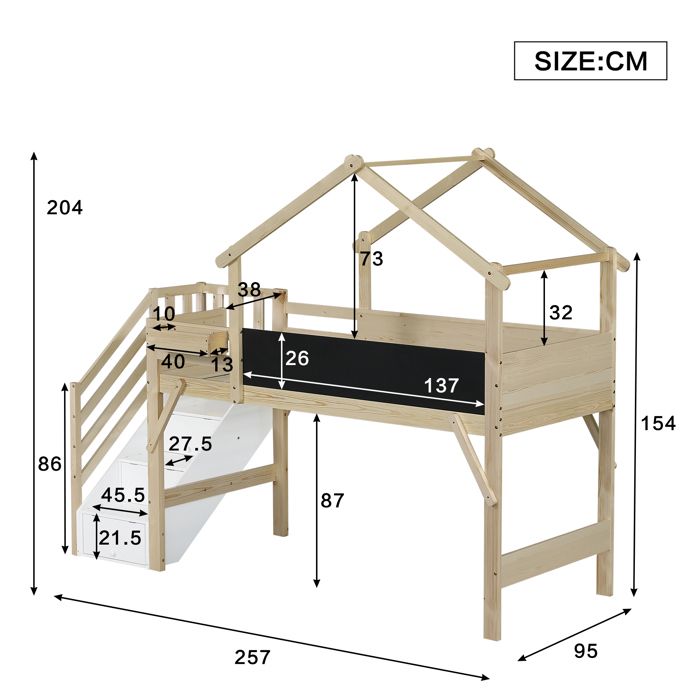 Lit mezzanine - Enfant - 90x200cm - Design unique - Tableau noir - 3 ...