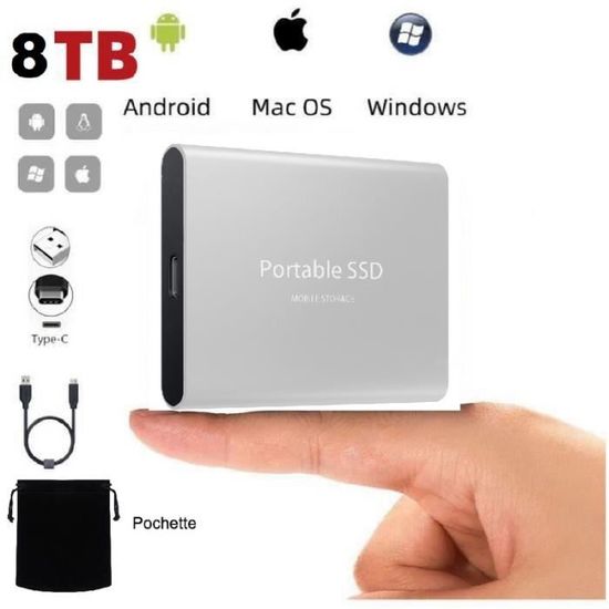 Disque SSD Mini Disque Dur Externe Portable 8TB 8To Argent Type-C avec ...