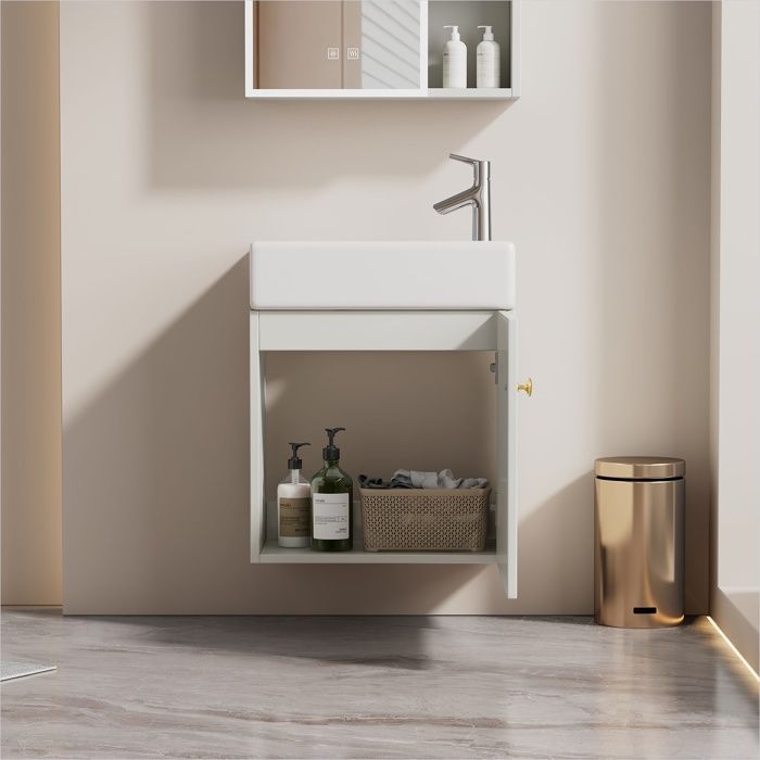 Meuble sous vasque suspendu blanc 46 cm avec vasque en céramique ...