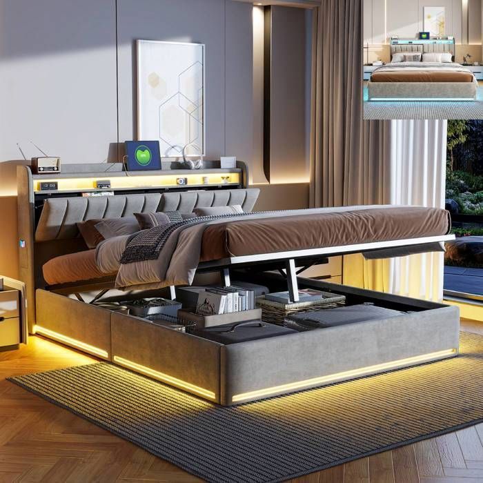 Lit coffre 160x200 cm - LEWW - LED - USB et Type C - tête de lit avec ...