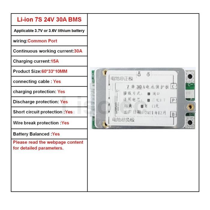 Port commun 30A-li-ion 7S 24V-Balance BMS 7S, 24V,25.9V, 21700, 18650 ...