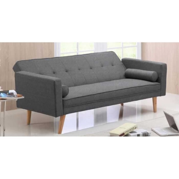 Canapé 3 palces convertible tissu noir avec pieds en bois VICTORIA ...