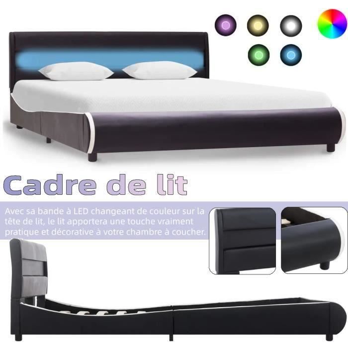 Lit Grand Lit double Cadre de lit avec LED Noir Similicuir 140 x 200 cm ...