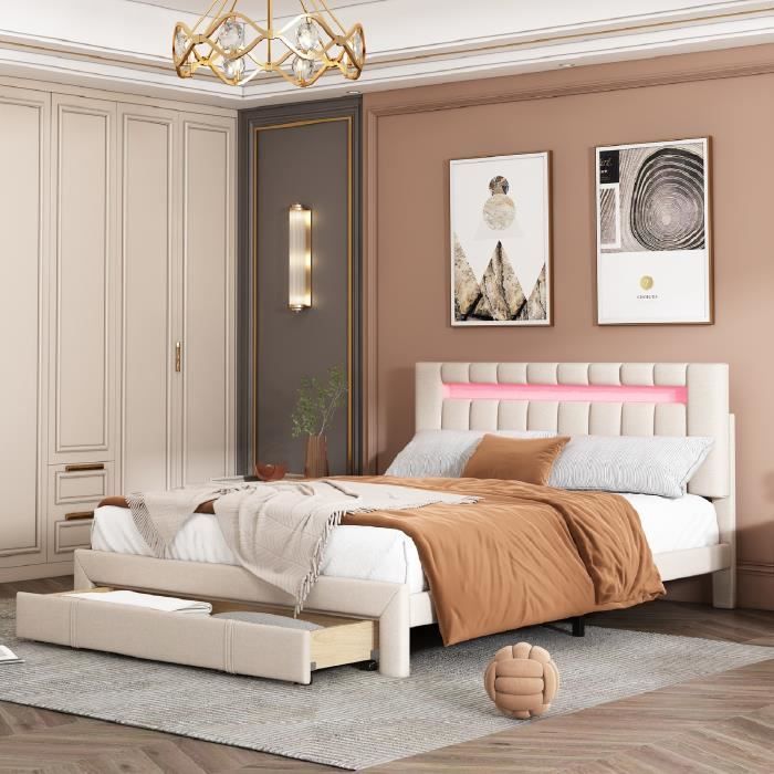 Merax Lit capitonné double 140x200cm avec grand tiroir, LED, sommier à ...