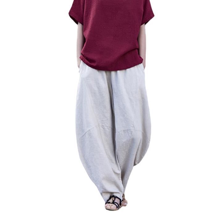 Pantalon Large Lin et Coton Femme Décontracté Pantalon Bouffant Été Fluide Pantalon Léger Taille ...