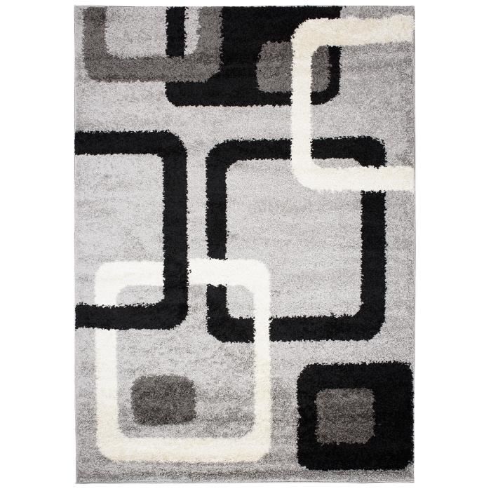 TAPISO Tapis Salon Shaggy Poils Longs DELHI Blanc Gris Noir Carreaux Polypropylène Intérieur ...